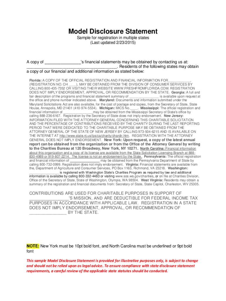 Fillable Online Model Disclosure Statements for Charities Fax Email ...