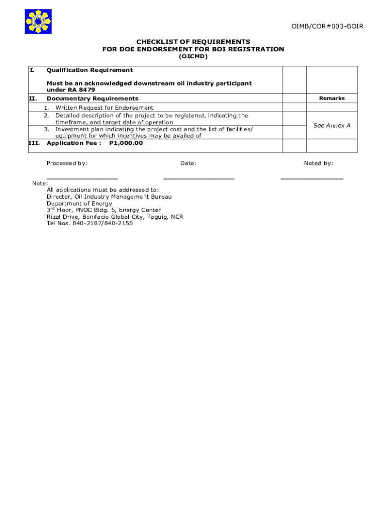 Fillable Online Oimb Cor 003 Boir Checklist Of Requirements For Doe Fax Email Print Pdffiller