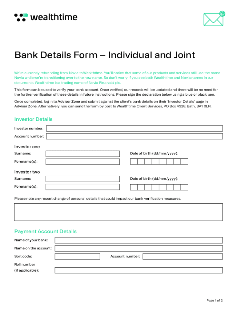 Fillable Online Bank Details Form Individual and Joint Wealthtime Fax ...