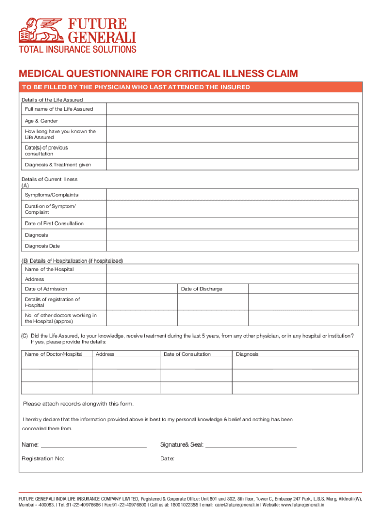 Fillable Online life futuregenerali Medical Questionnaire for Critical Illnessrevised Fax Email ...