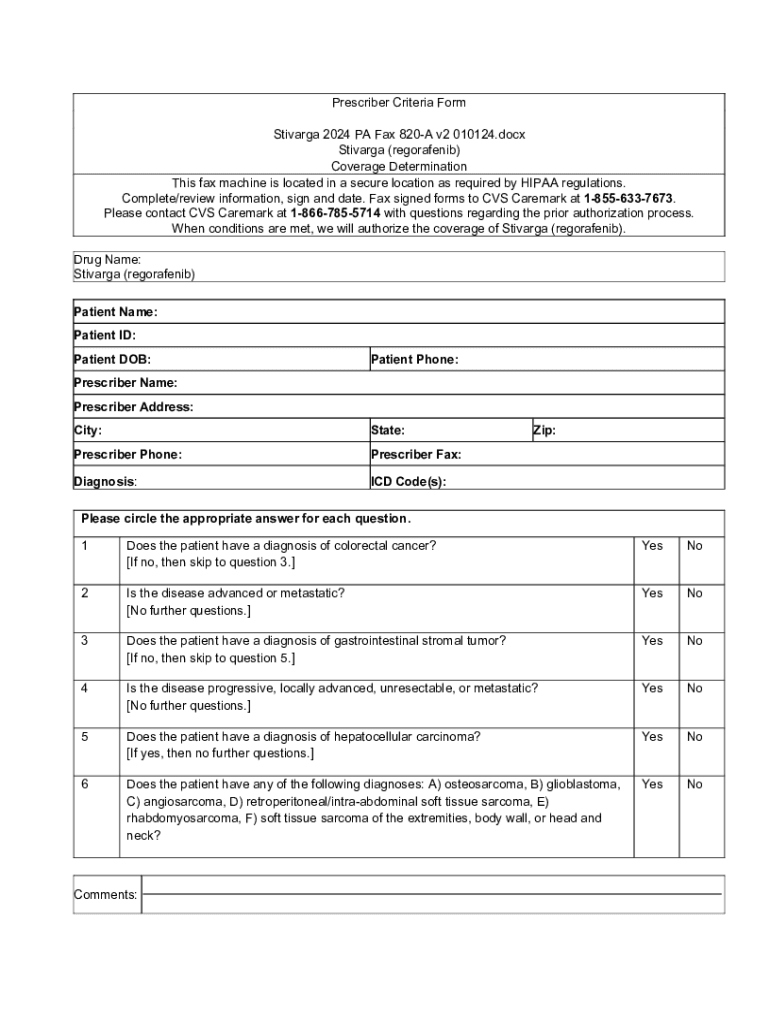 Fillable Online Stivarga 2024 PA Fax 820-A v2 010124. Prescriber ...