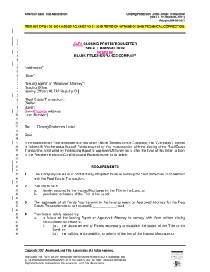 Fillable Online 1 ALTA CLOSING PROTECTION LETTER 2 SINGLE ... Fax Email ...