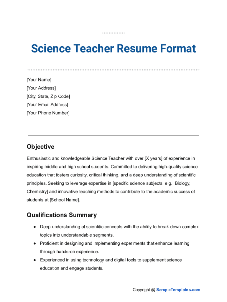 Fillable Online Science Teacher CV Examples (Template & 20+ Tips) Fax ...