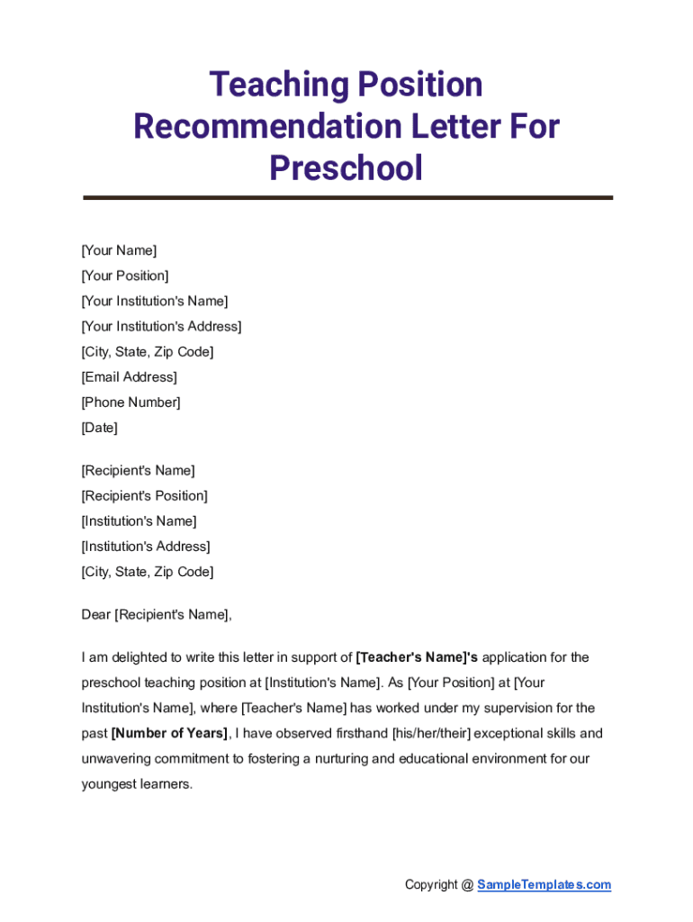 Fillable Online Letter of Recommendation for a Substitute Teacher (3 ...