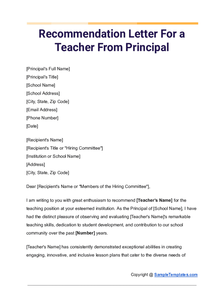 Fillable Online Recommendation Letter For a Teacher From Principal Fax ...