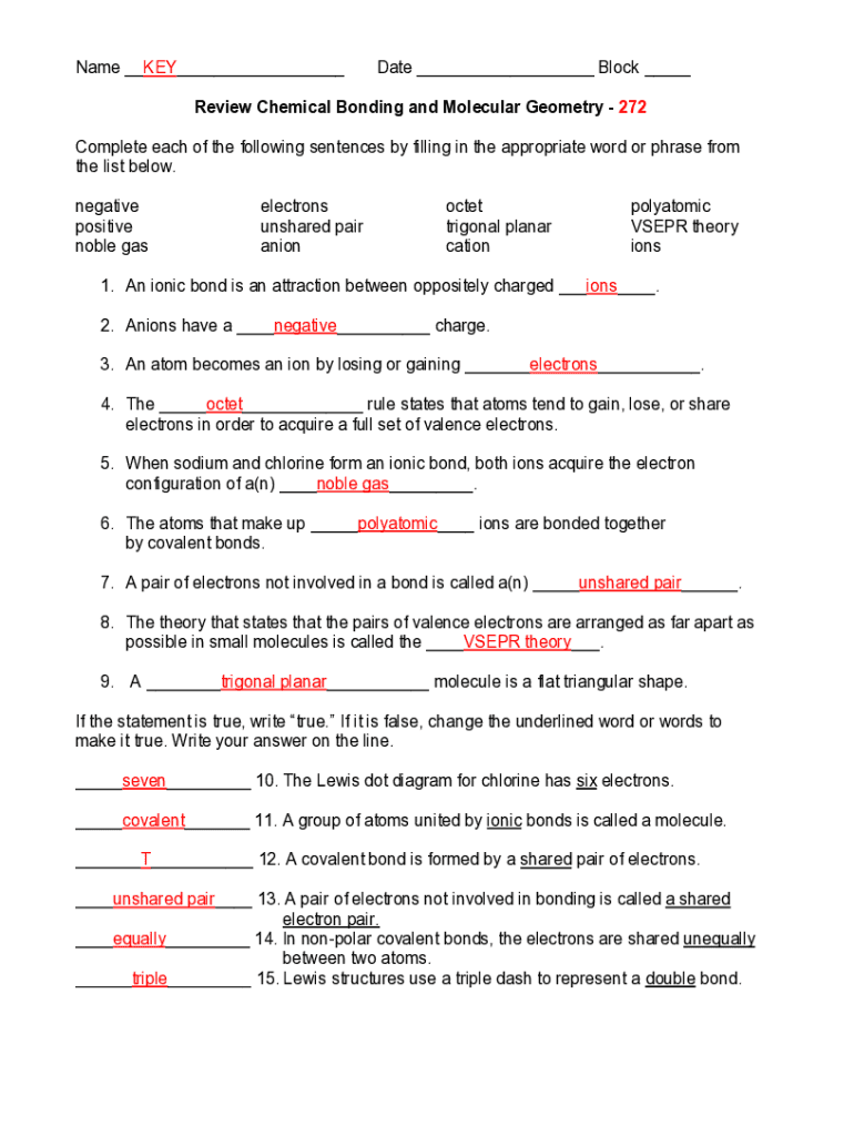 Fillable Online Block Review Chemical Bonding and Molecular ... Fax ...