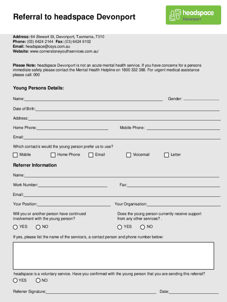 Fillable Online headspace DevonportYouth Mental Health Centre & ... Fax ...