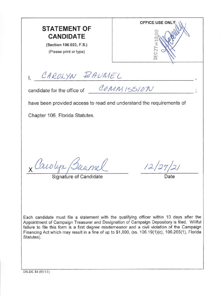 Fillable Online OFFICE USE ONLY STATEMENT OF CANDIDATE ( ... Fax Email Print - pdfFiller