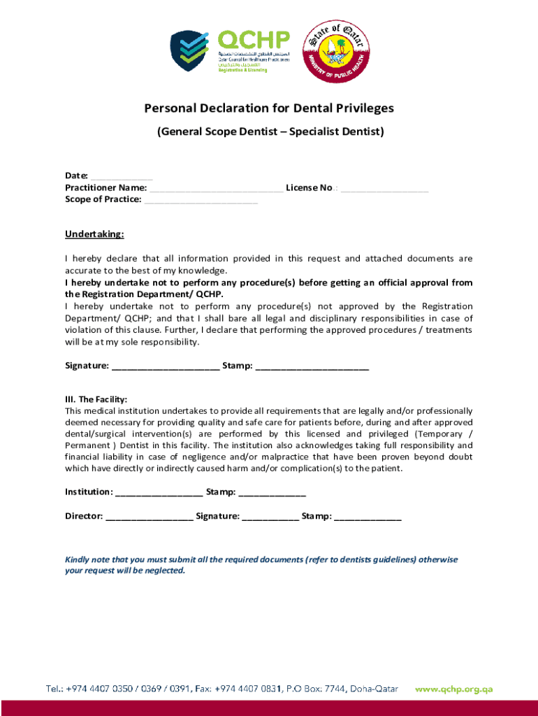 Fillable Online Personal Declaration for Dental Privileges Fax Email ...