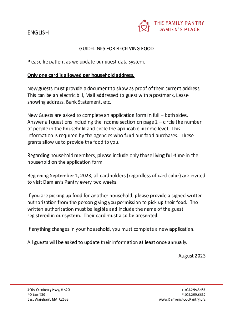 Fillable Online GUIDELINES FOR RECEIVING FOOD Fax Email Print - pdfFiller