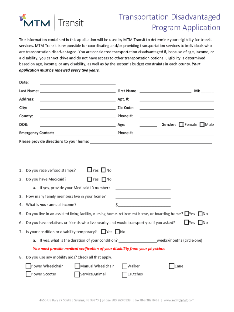 Fillable Online Transportation Disadvantaged Program Application Fax ...