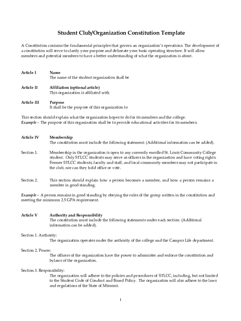 Fillable Online Student Club/Organization Constitution Template Fax ...