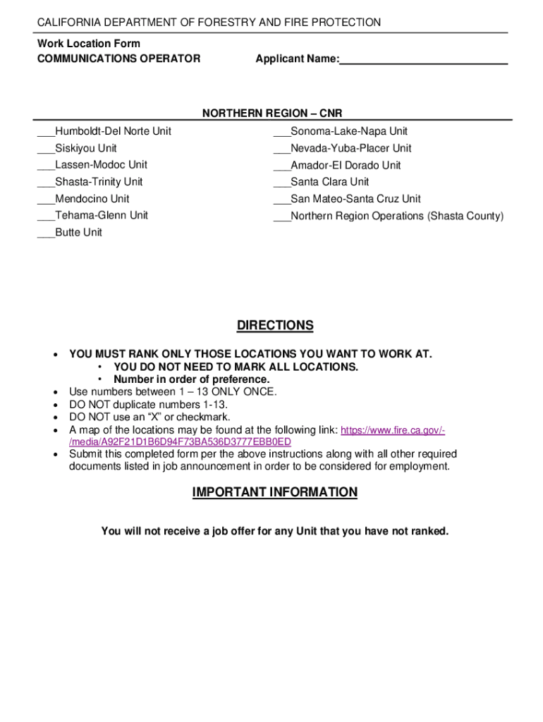 Fillable Online CNR Com Op Work Location Form Fax Email Print - pdfFiller