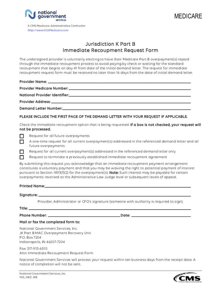 Fillable Online Jurisdiction K Part B Immediate Recoupment Request Form Fax Email Print - pdfFiller