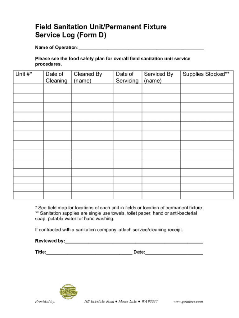 Fillable Online Field Sanitation Unit/Permanent Fixture Service Log ...