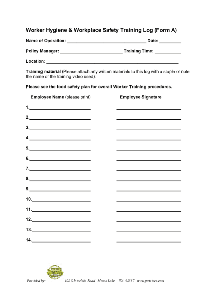 Fillable Online Worker Hygiene & Workplace Safety Training Log (Form A ...