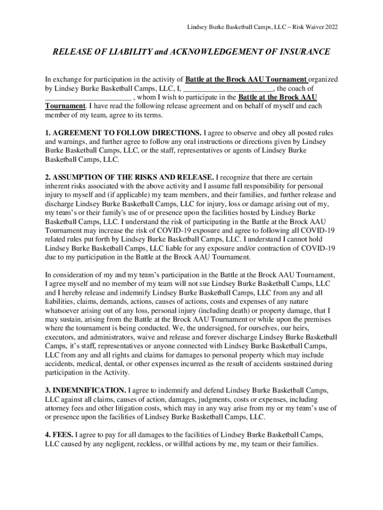 Fillable Online RELEASE OF LIABILITY and ACKNOWLEDGEMENT OF INSURANCE ...