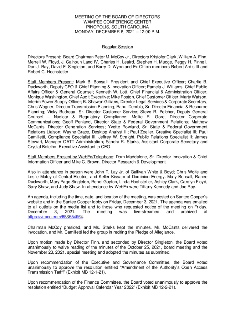 Fillable Online Directors Present: Board Chairman Peter M Fax Email ...