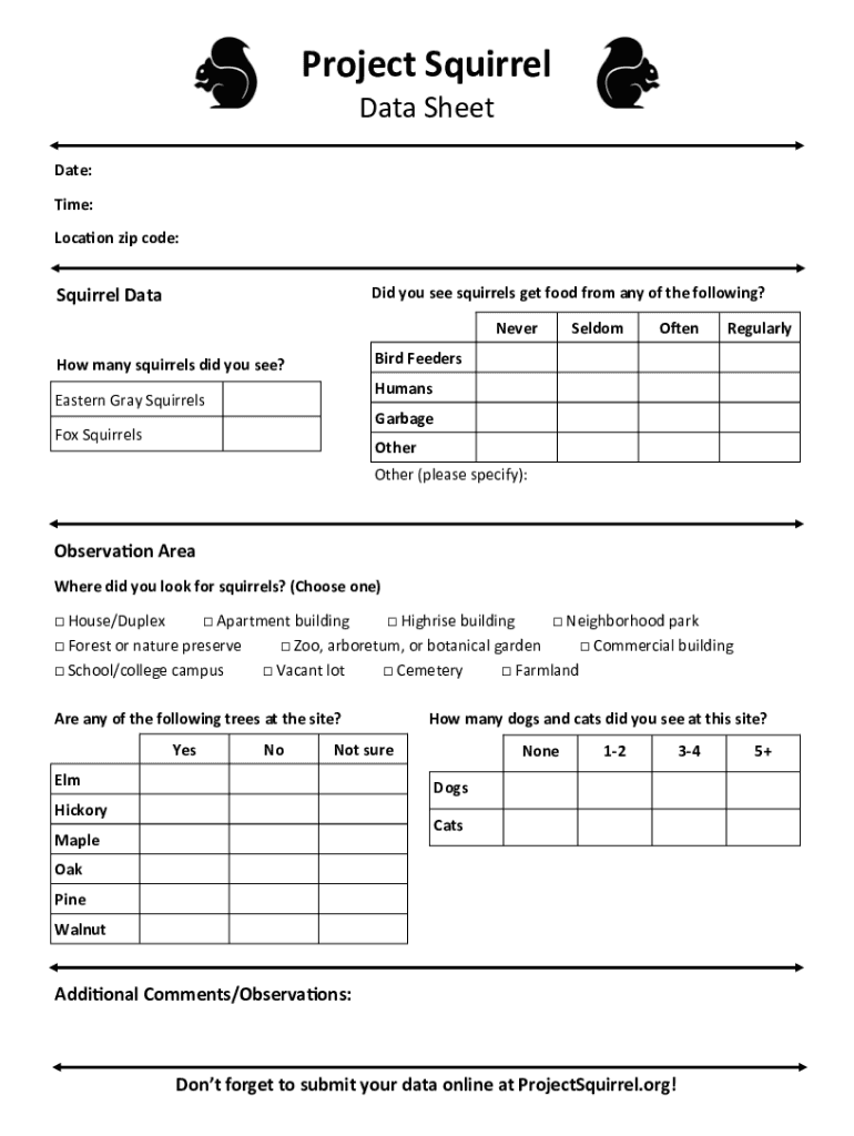 Fillable Online Project Squirrel Data Sheet Your Name(s) Fax Email Print - pdfFiller