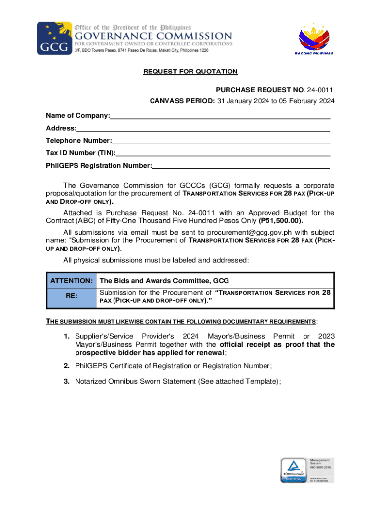 Fillable Online gcg gov proposal/quotation for the procurement of ...