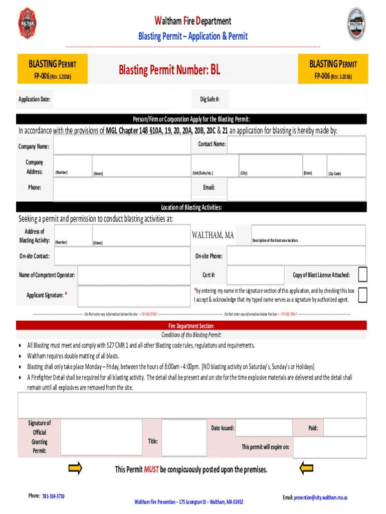 Fillable Online Waltham Fire Department Blasting Permit Application ...