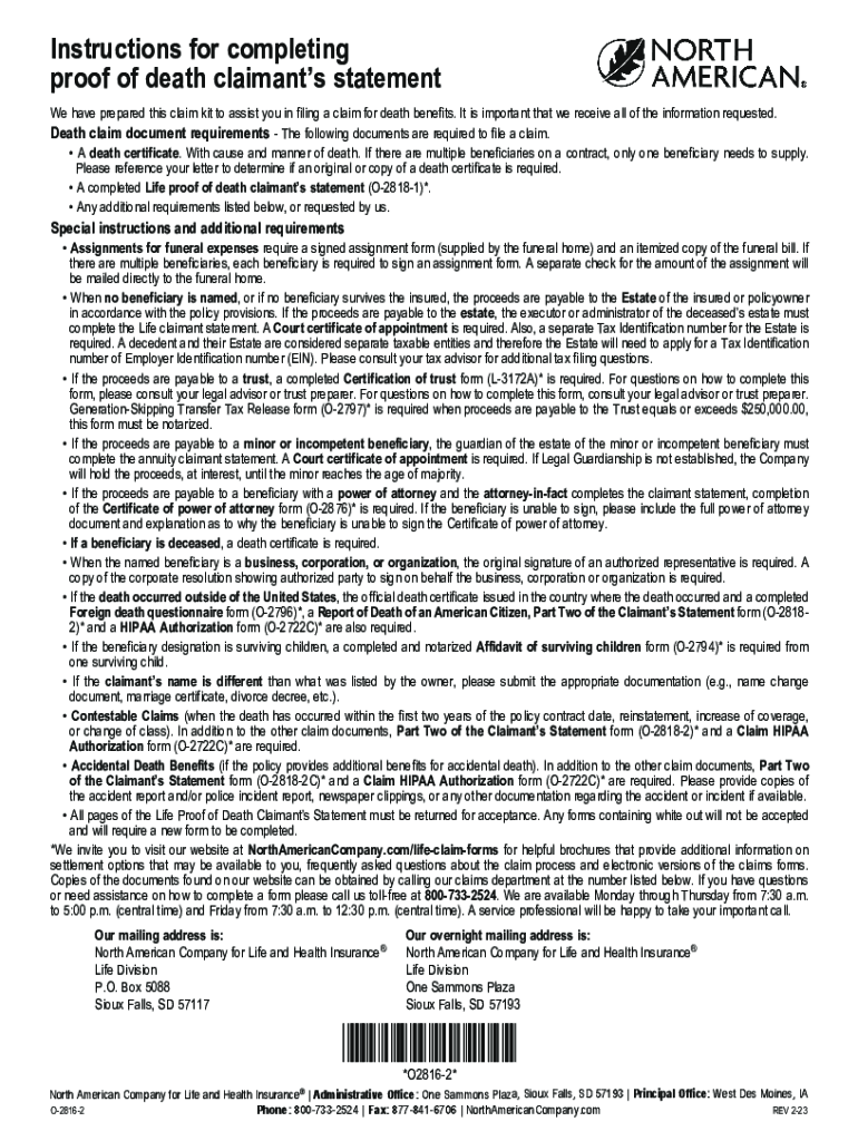 Fillable Online Instructions for Completing Proof of Death Claimant's ...