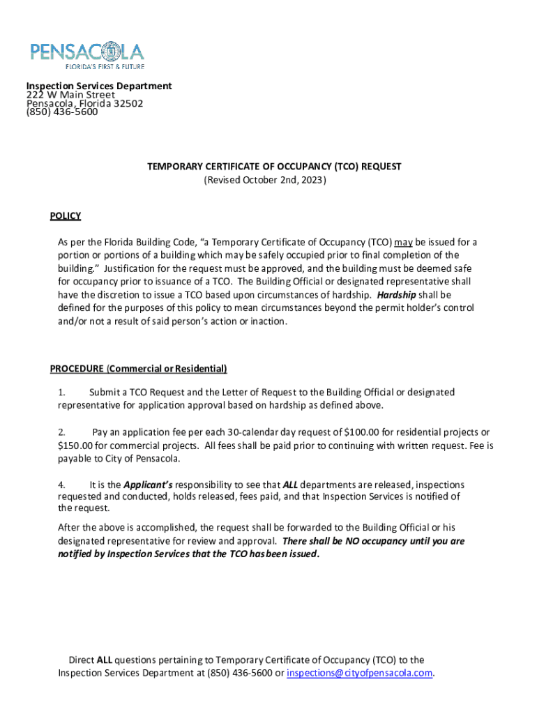 Fillable Online Temporary Certificate of Occupancy Request - City of ...