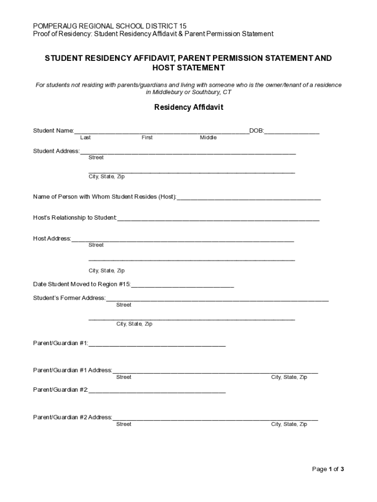Fillable Online Student Residency Affidavit, Parent Permission ...