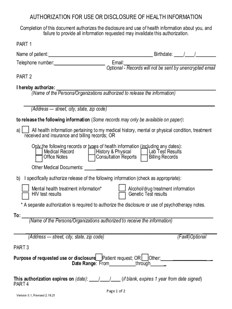 Fillable Online Completion of this document authorizes the disclosure and use of health ...