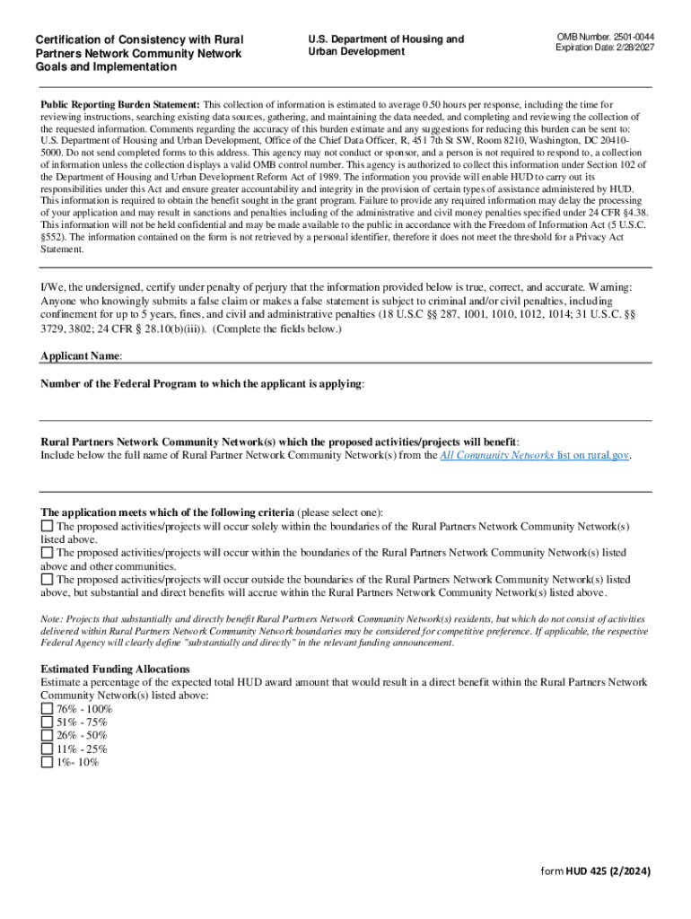 Fillable Online form HUD 425 (2/2024) I/We, the undersigned, certify ...