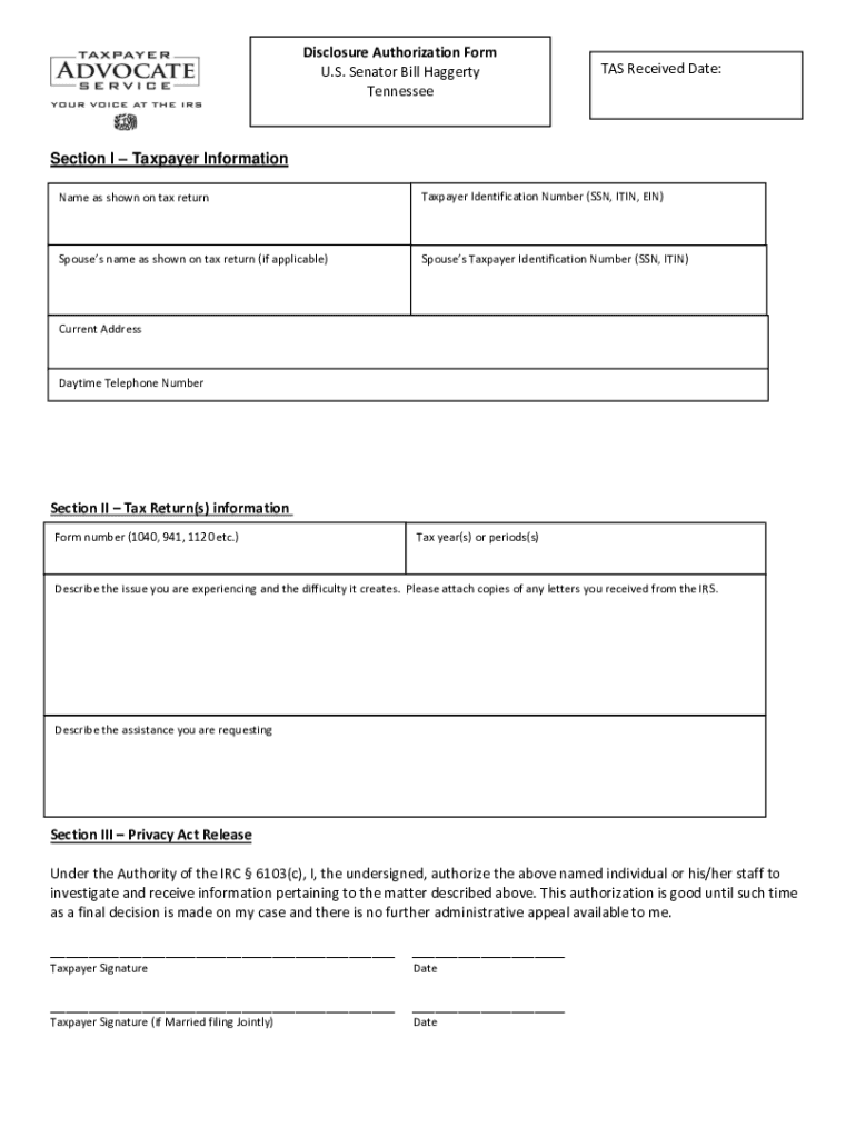 Fillable Online TAS Received Date: Disclosure Authorization Form Fax Email Print - pdfFiller