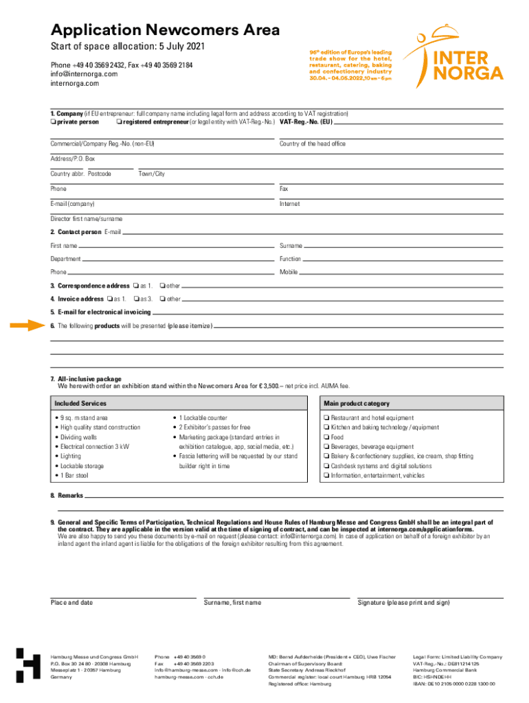 Fillable Online (PDF) Application Newcomers Area - INTERNORGA...E ...