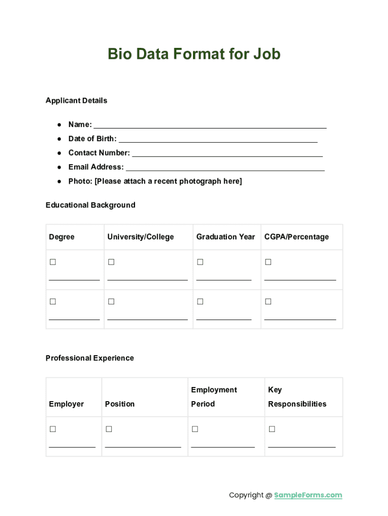 Fillable Online Biodata Format for Job Application - Tips, Word ...