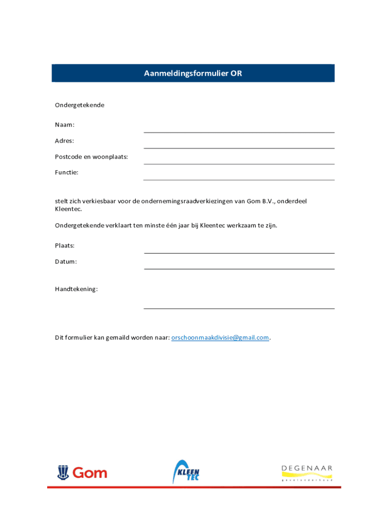 Invulbaar Online Aanmeldingsformulier OR Faxnummer Email Afdrukken - pdfFiller