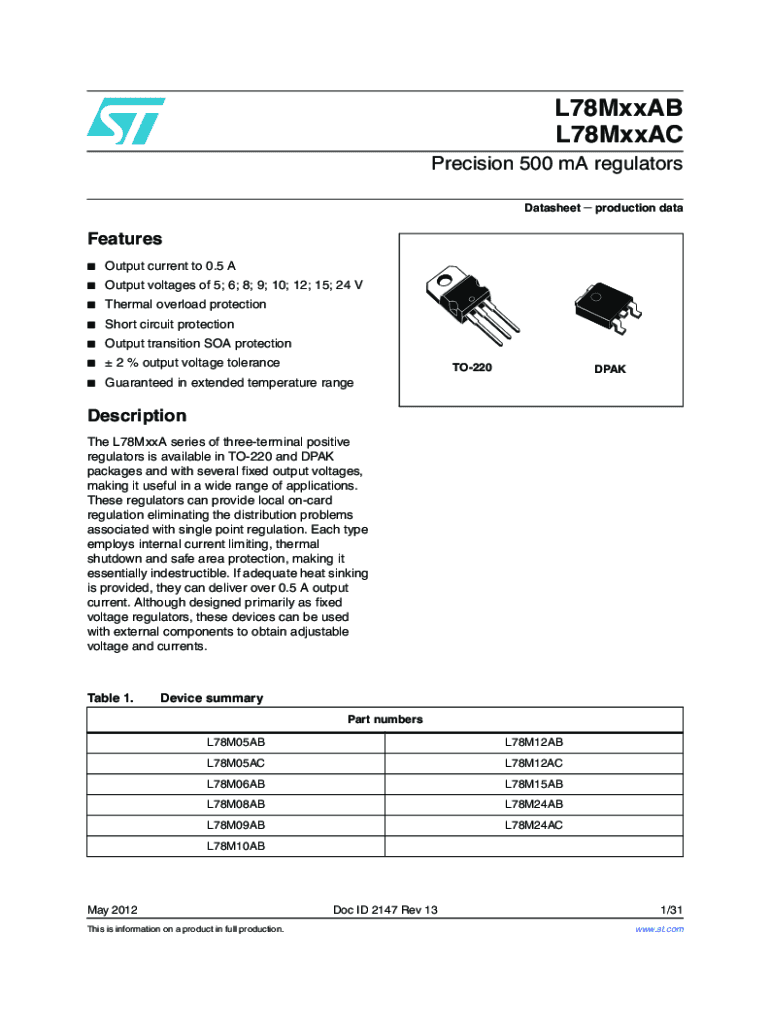 Fillable Online L78. Positive voltage regulator ICs. Description. Features Fax Email Print ...