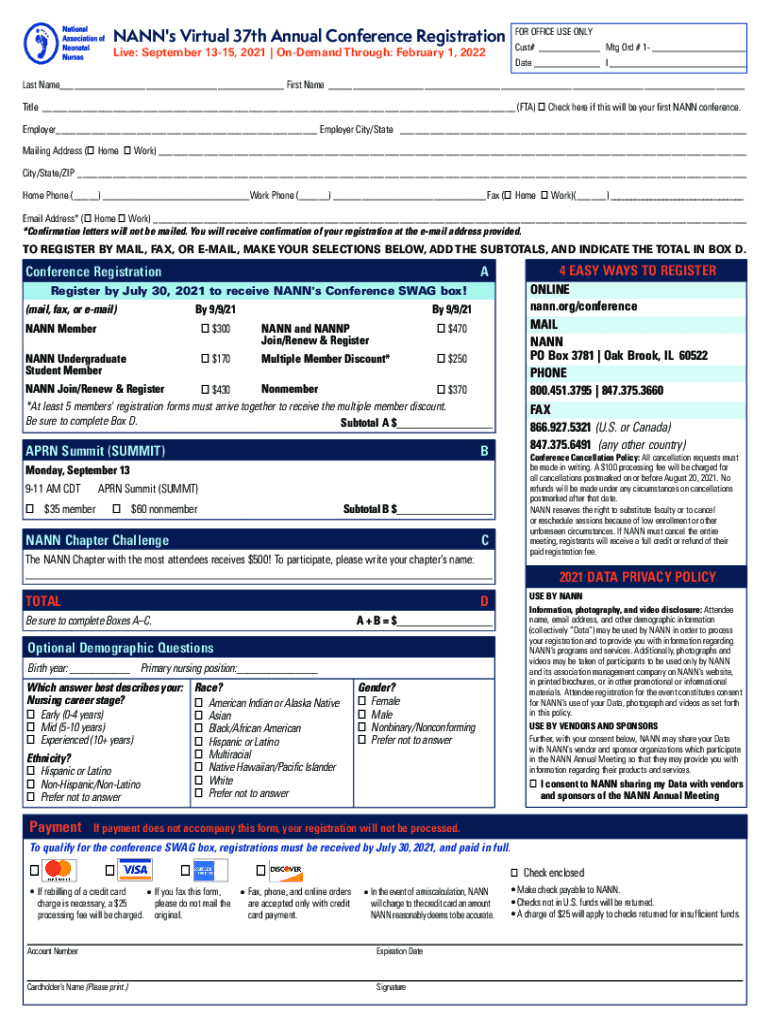 Fillable Online NANN's Virtual 37th Annual Conference Registration Fax ...
