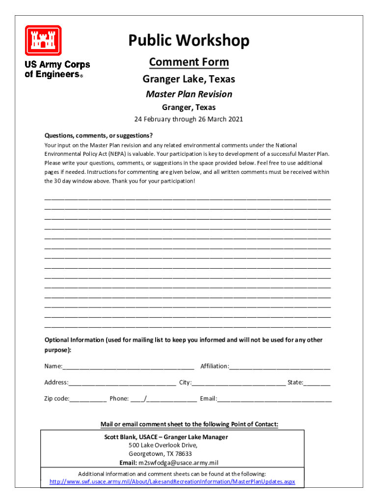 Fillable Online Public Workshop Comment Form - Granger Lake Master Plan Revision Fax Email Print ...