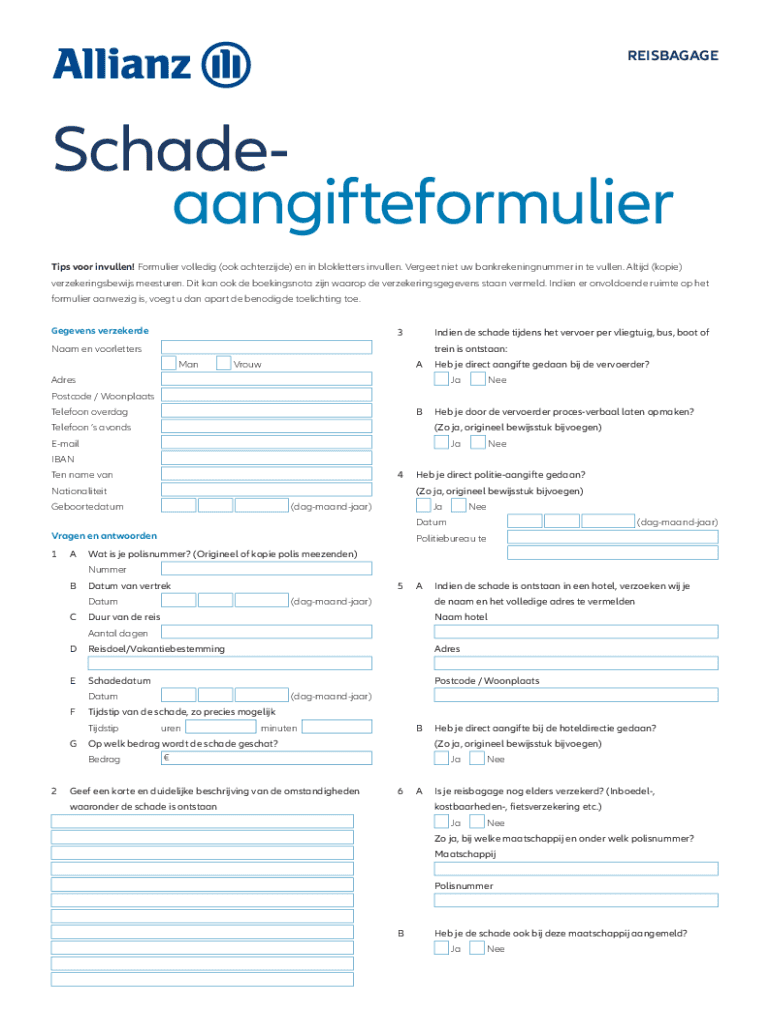 Invulbaar Online SCHADE-AANGIFTEFORMULIER - Allianz Direct Faxnummer Email Afdrukken - pdfFiller