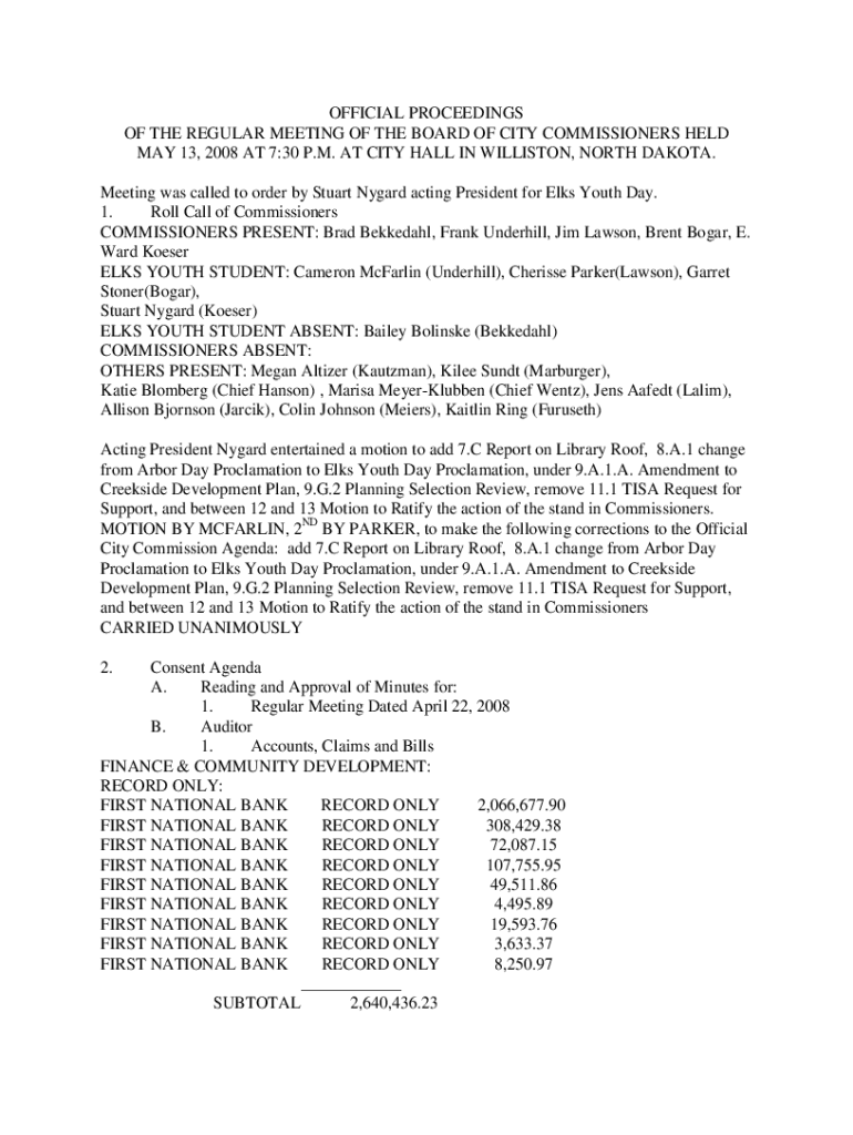 Fillable Online COMMISSIONERS PRESENT: Brad Bekkedahl, Frank Underhill ...