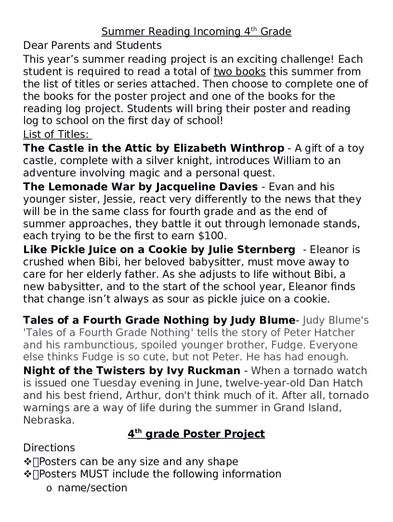 Dear Incoming 4th Grade Students and Parents Doc Template | pdfFiller