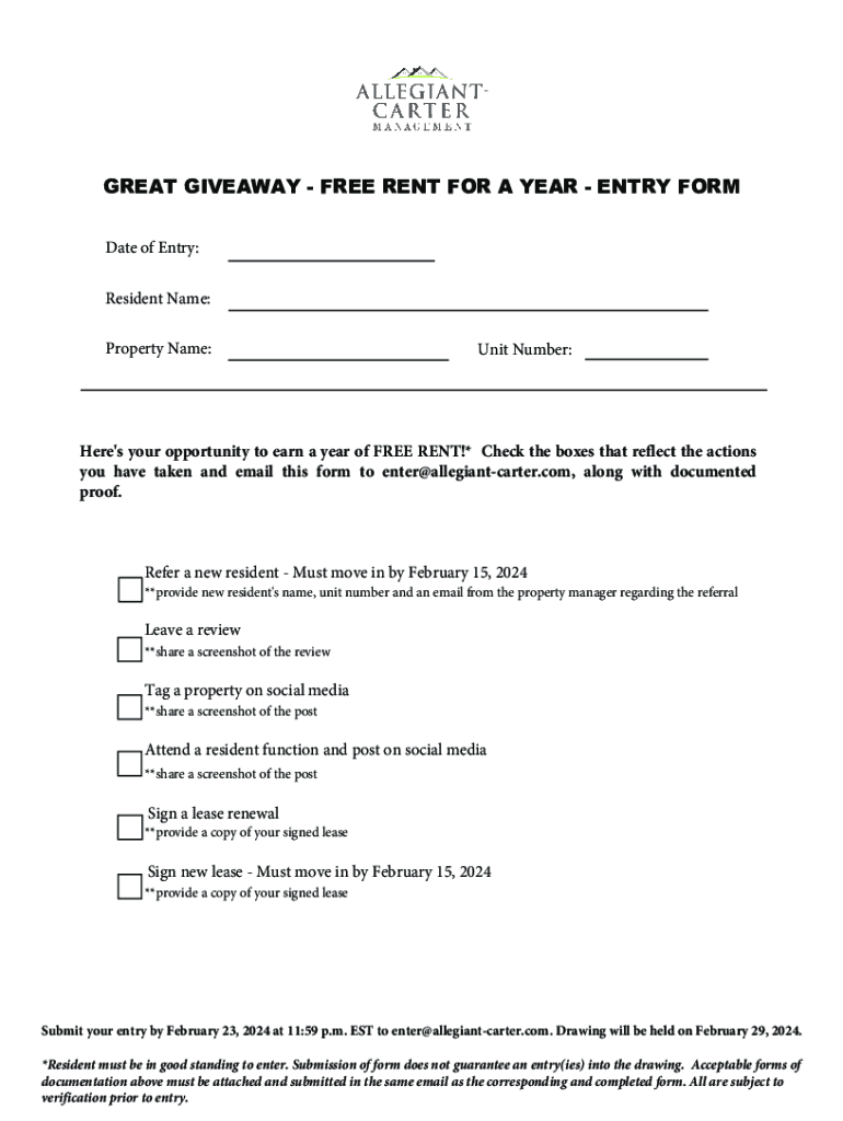 Fillable Online GREAT GIVEAWAY - FREE RENT FOR A YEAR - ENTRY FORM Fax Email Print - pdfFiller