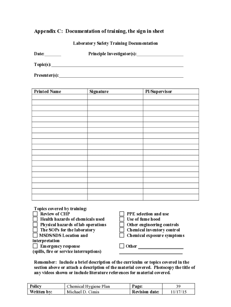 Fillable Online Appendix C: Documentation of training, the sign in sheet Fax Email Print - pdfFiller