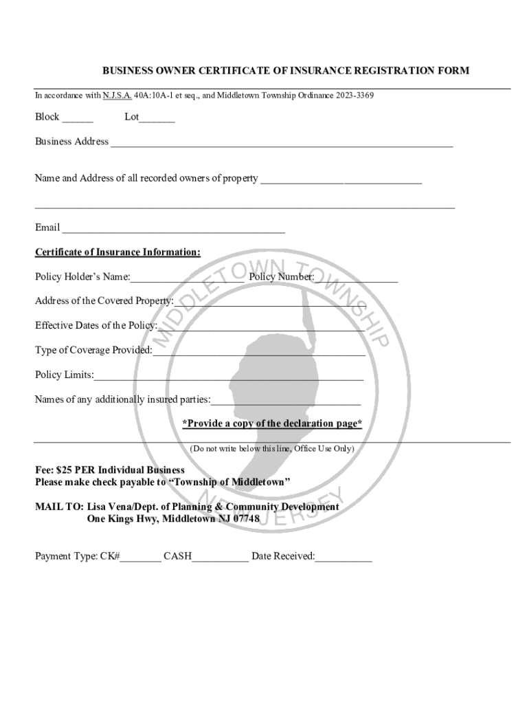Fillable Online Business Owner Certificate of Insurance Registration ...