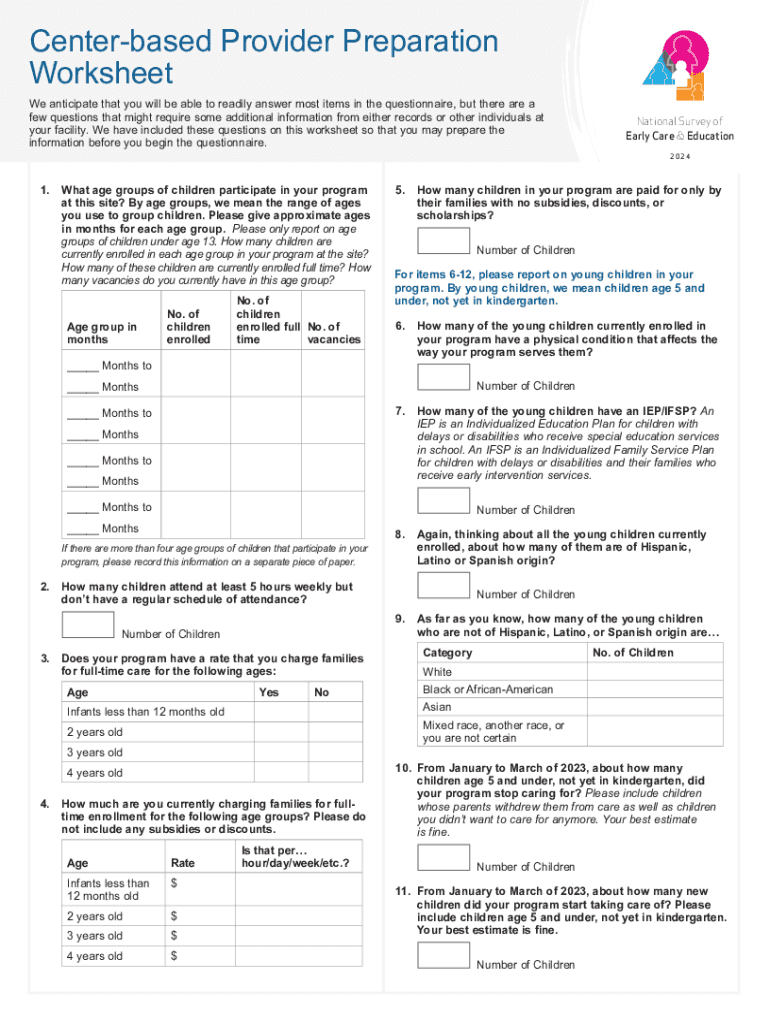 Fillable Online Center-based Provider Preparation Worksheet. National ...