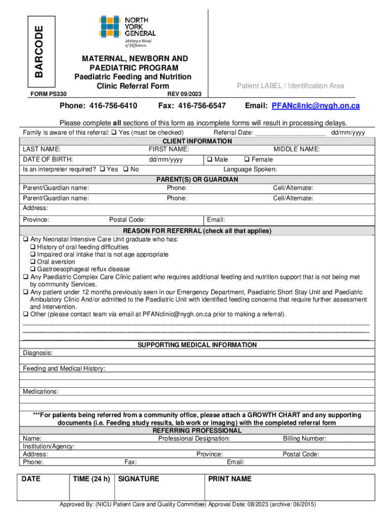 Fillable Online Paediatric Feeding and Nutrition Clinic Referral Form ...