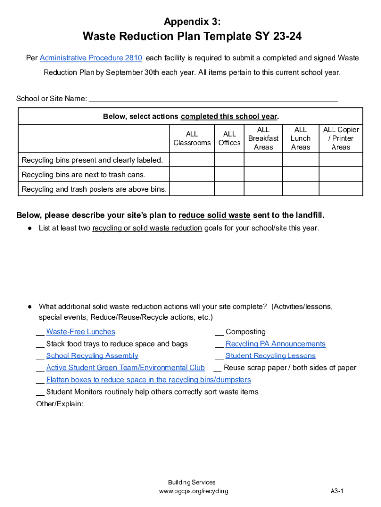 Fillable Online Waste Reduction Plan Template SY 22-23 - Wasabi Fax ...