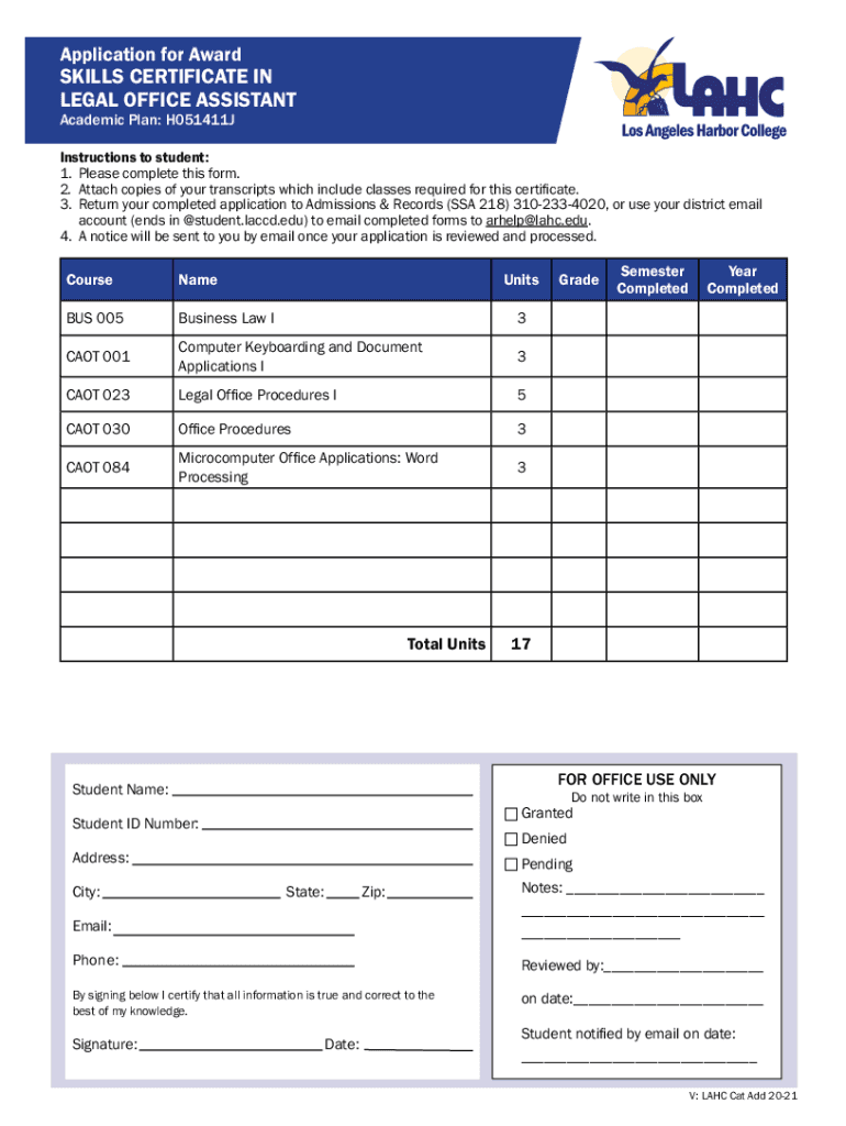 Fillable Online legal office assistant skills certificate form Fax ...