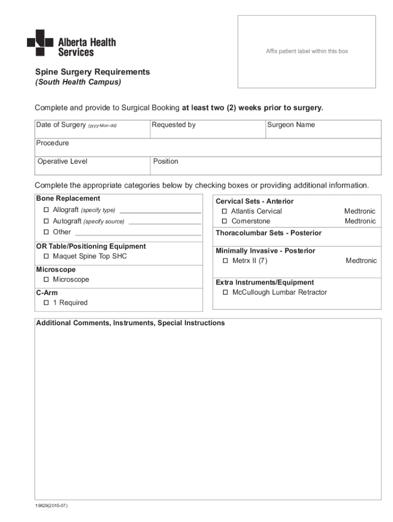 Fillable Online Spine Surgery Requirements (South Health Campus) Form ...