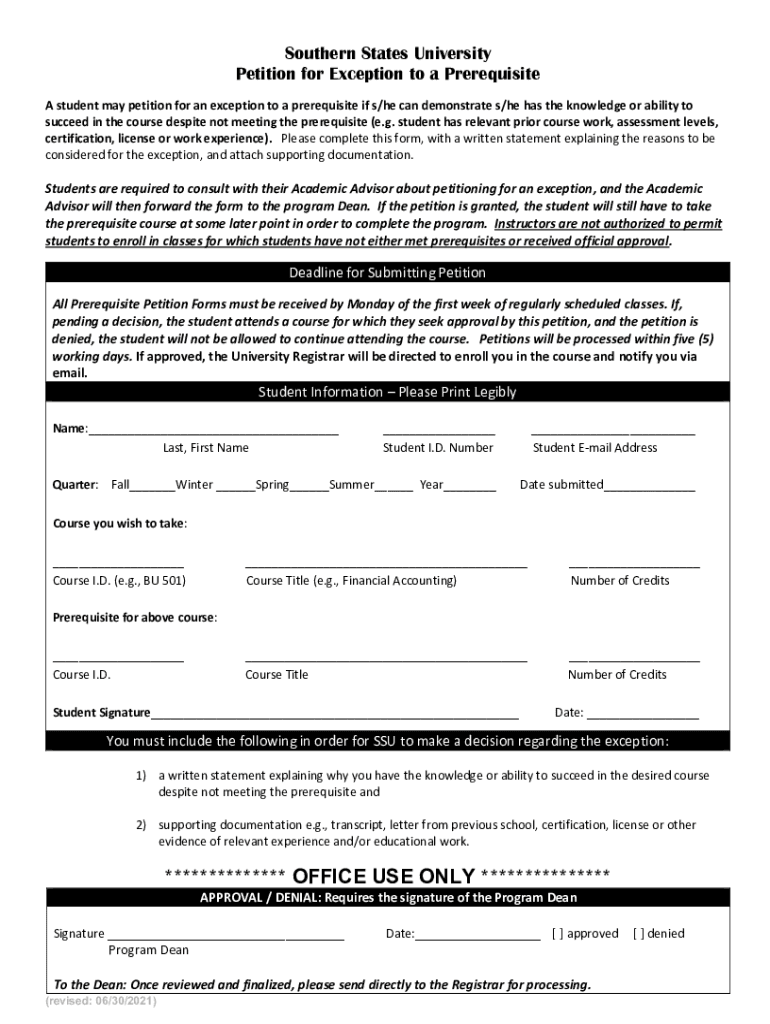 Fillable Online SSU-Petition-for-Prerequisite-Exception- ... Fax Email Print - pdfFiller