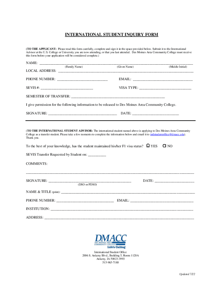 Fillable Online International Student Inquiry Form. International ...